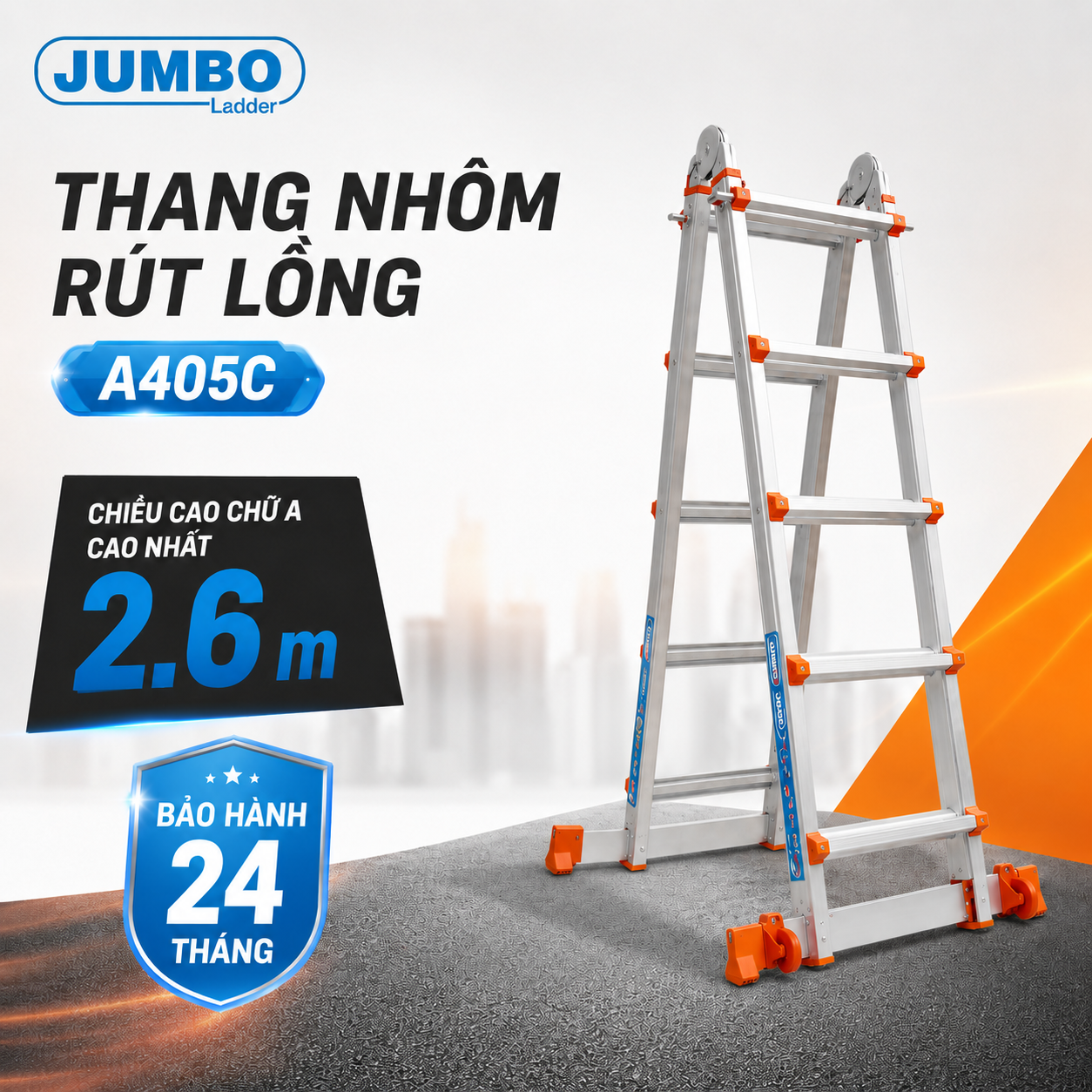 Thang nhôm rút lồng JUMBO A405C, chữ A cao nhất 2.6M